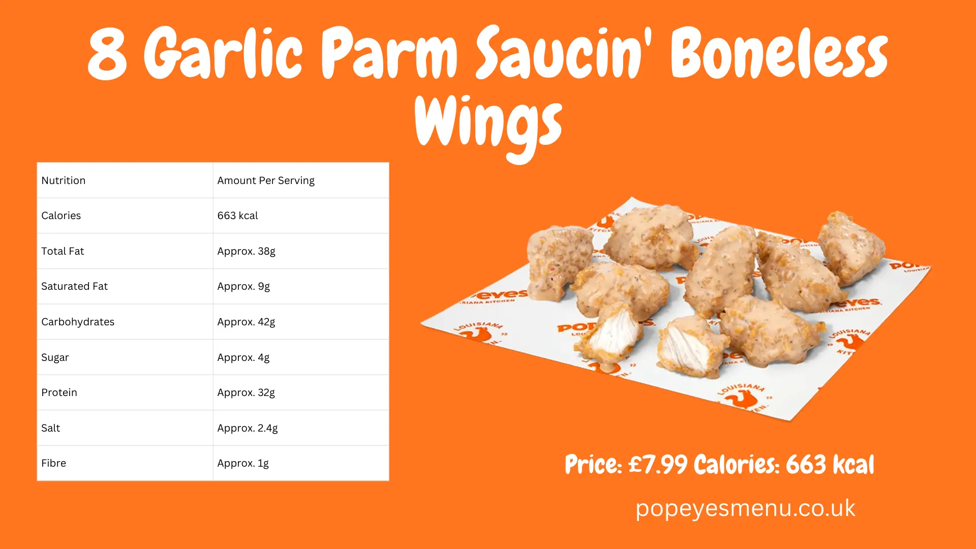 8 Garlic Parm Saucin' Boneless Wings Popeyes UK £7.99